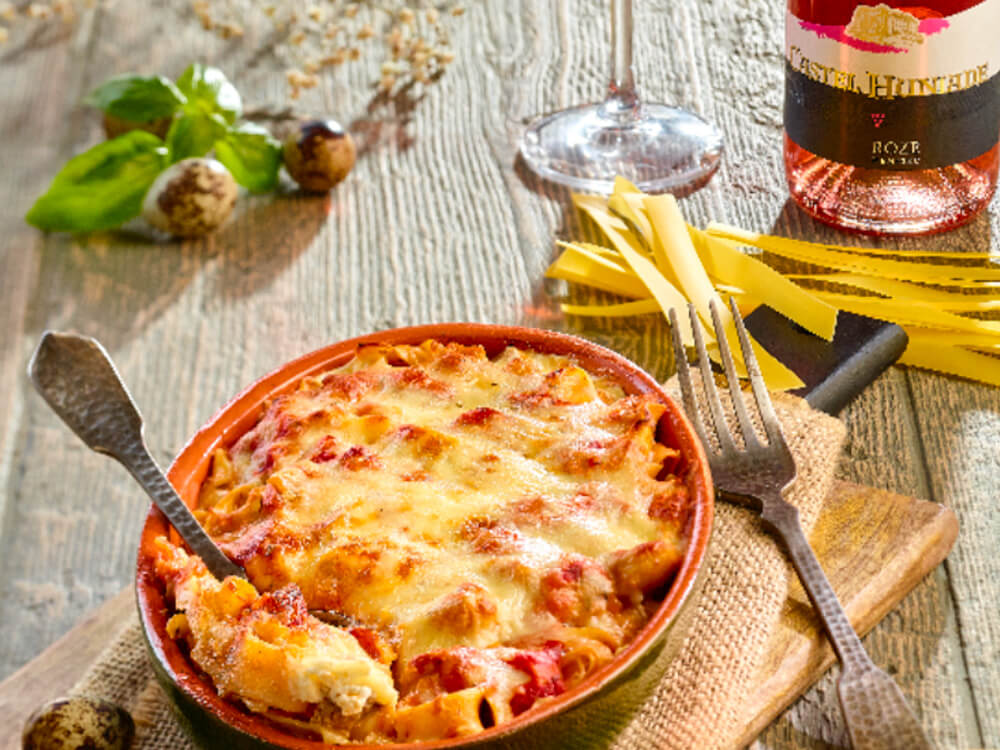 Tagliatelle gratinate cu pui și mozzarella | Transavia | Transavia