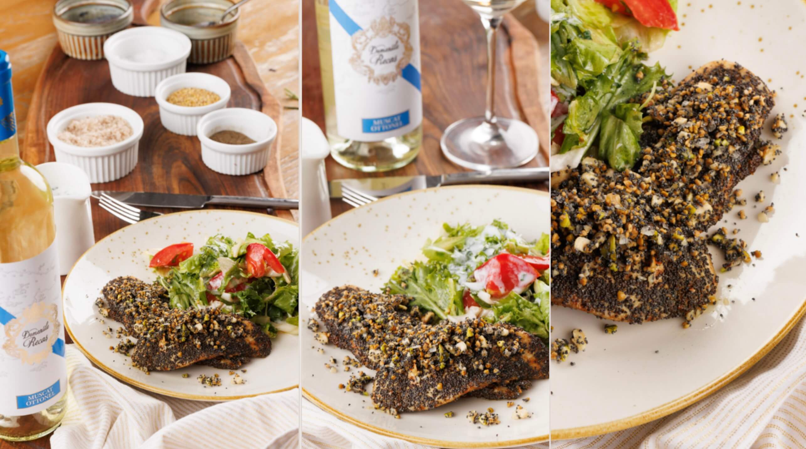 Piept de pui Fragedo în crustă de polen și semințe, servit cu sos de ...